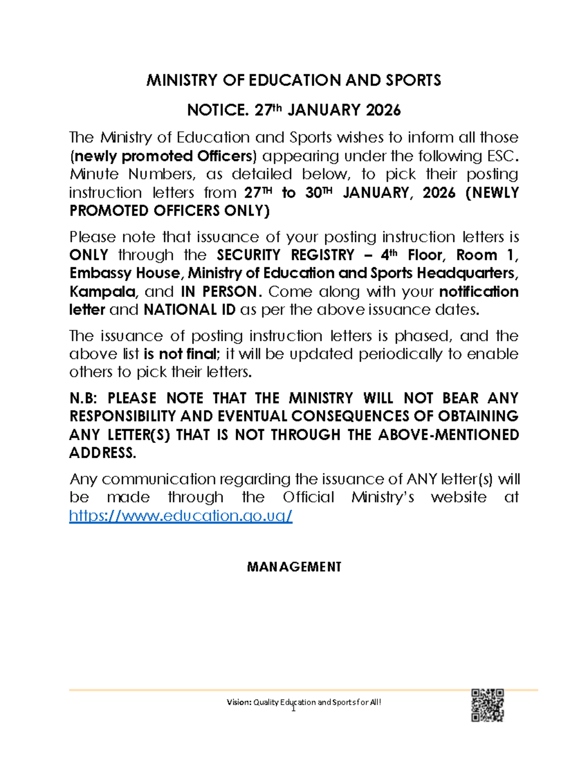 Notice for Newly Promoted Officers - Posting Instructions (ESC) - Studocu