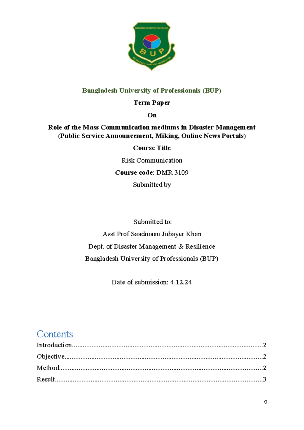 BUP Term Paper: Mass Communication's Role in Disaster Management (DMR ...