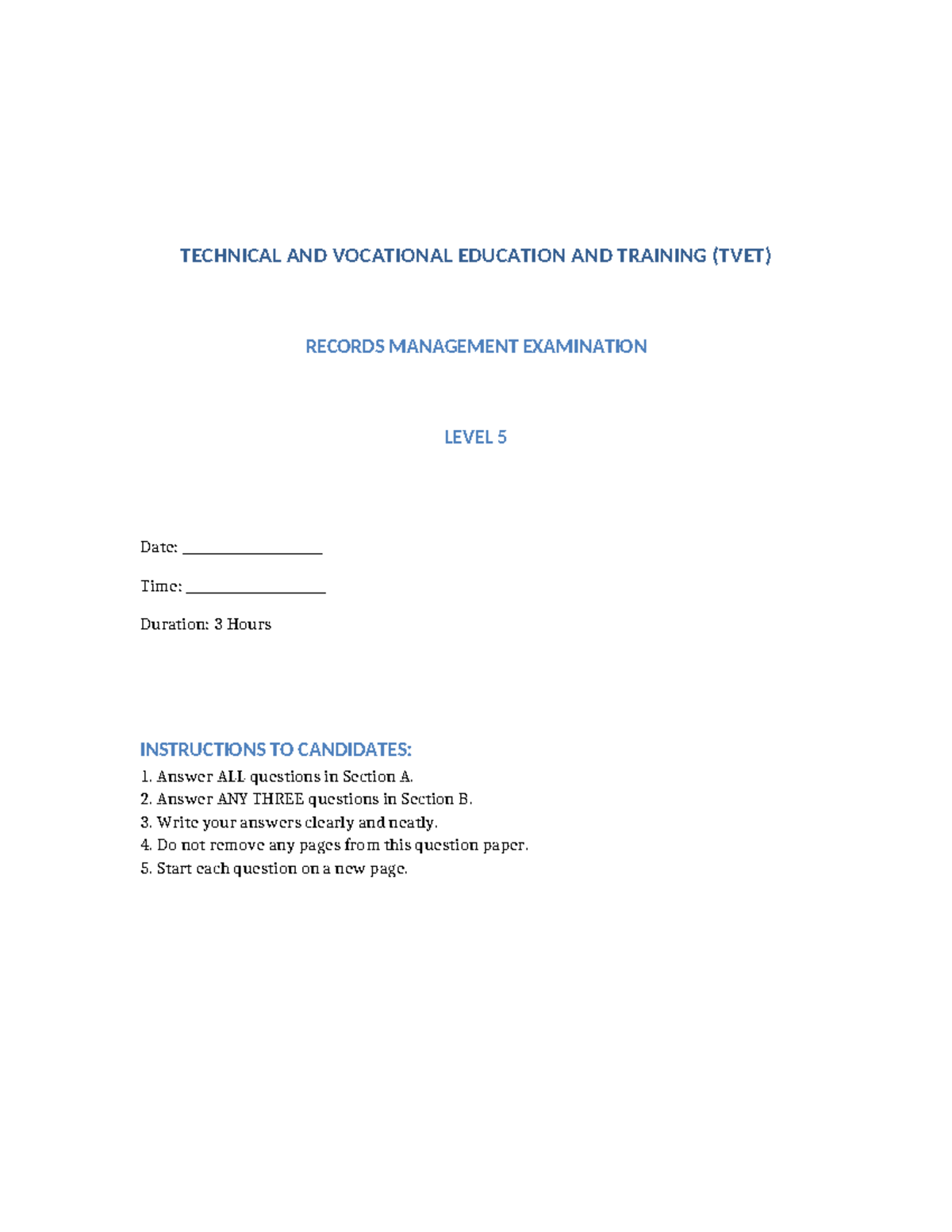 TVET Records Management Examination Level 5 - 3 Hour Paper - Studocu