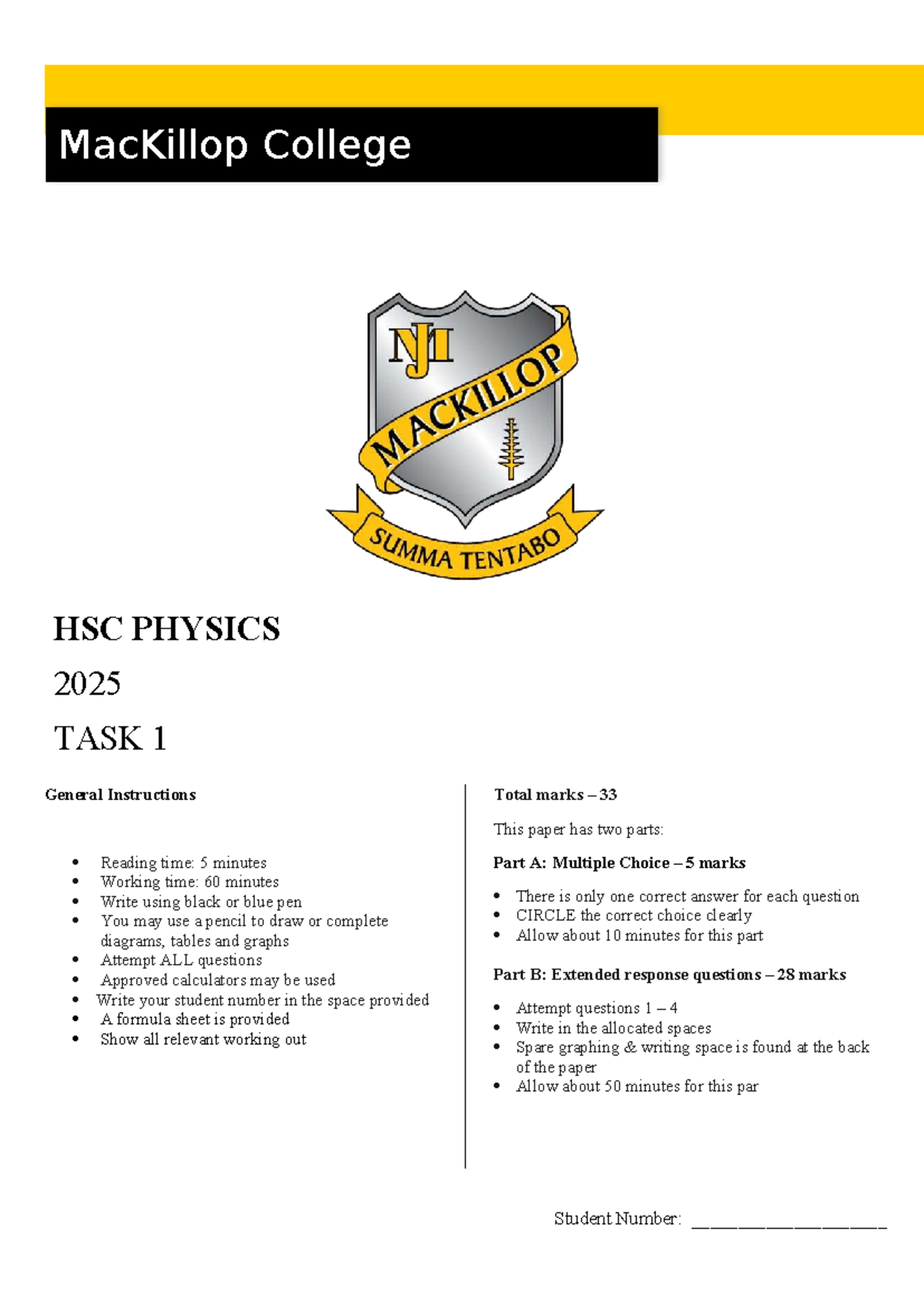 2025 HSC PHYSICS - Task 1 Exam Instructions and Questions - Studocu