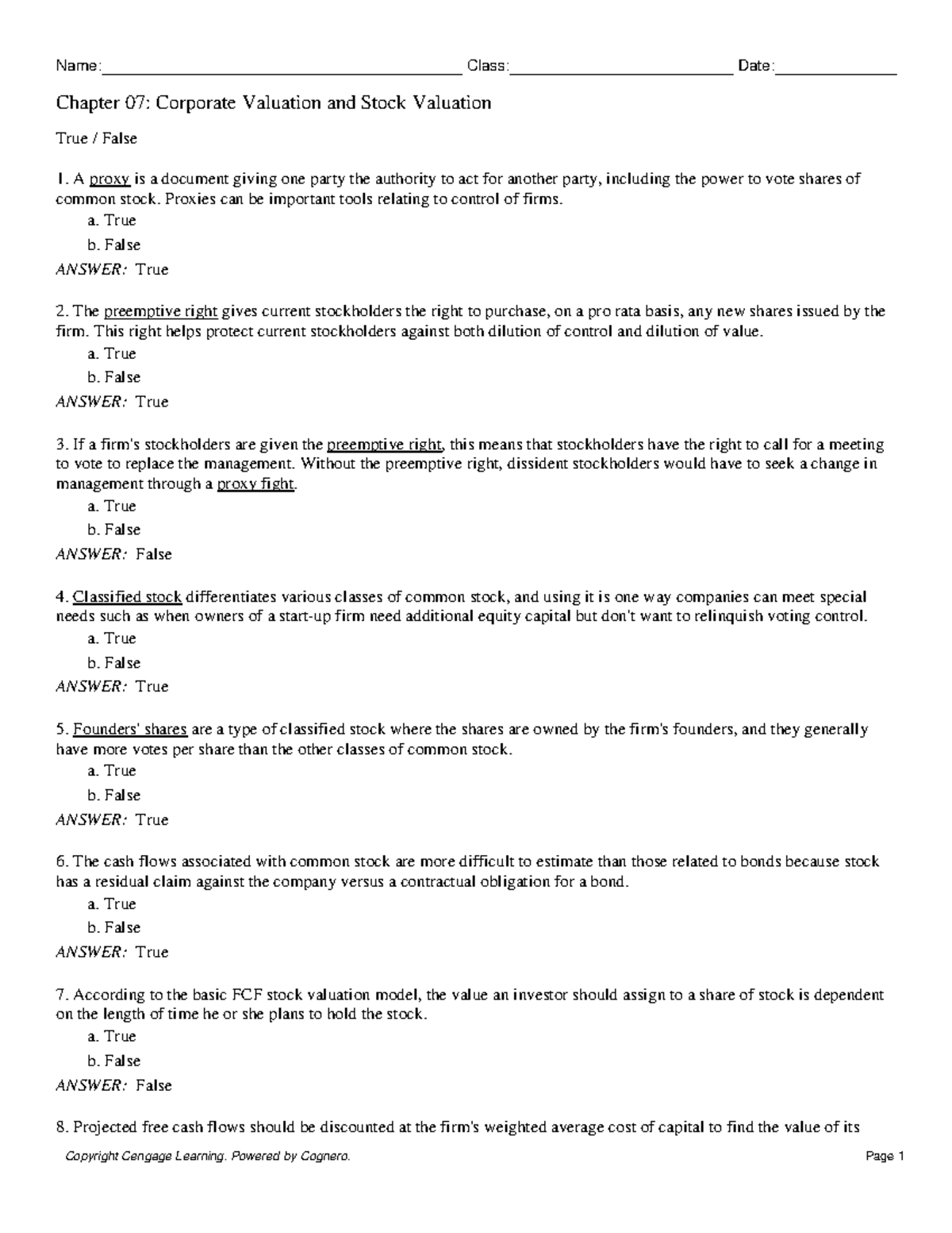Chapter 07: Corporate Valuation and Stock Valuation Quiz Answers - Studocu