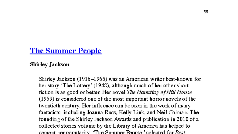 551 The Summer People: An Analysis of Shirley Jackson's Short Story ...