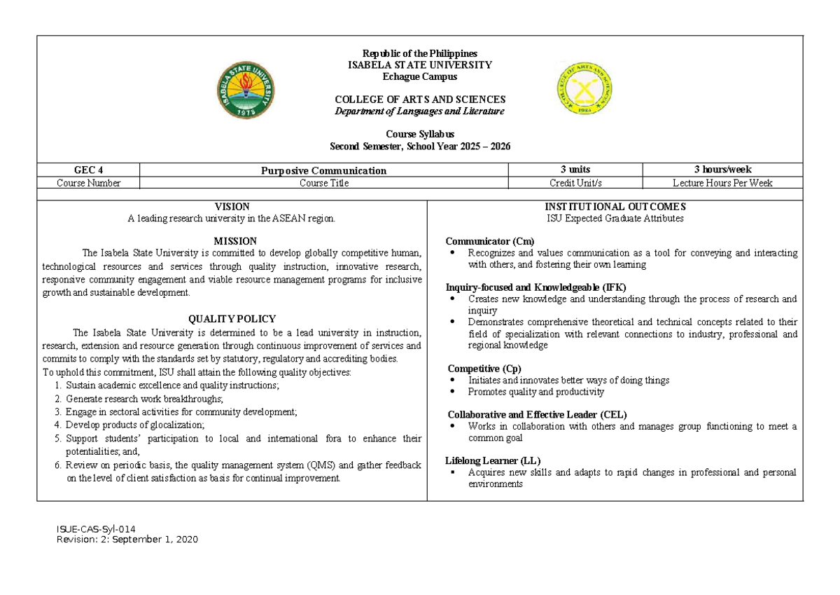 Purposive Communication Syllabus GEC 4 - Isabela State University 2025-2026 - Studocu