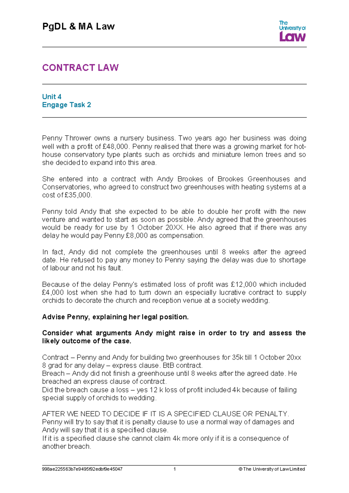 Contract Unit 4 ET 2 - PgDL & MA Law CONTRACT LAW Unit 4 Engage Task 2 ...