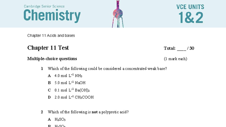 Unit 2 Acids and Bases Test: Chapter 11 Questions and Answers - Studocu
