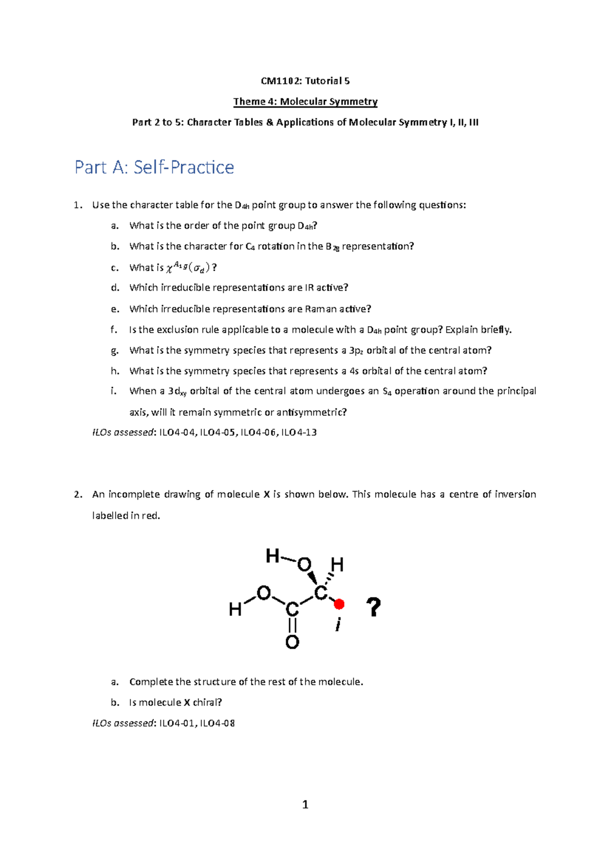 CM1102: Tutorial 5 - Molecular Symmetry Character Tables & Applications ...