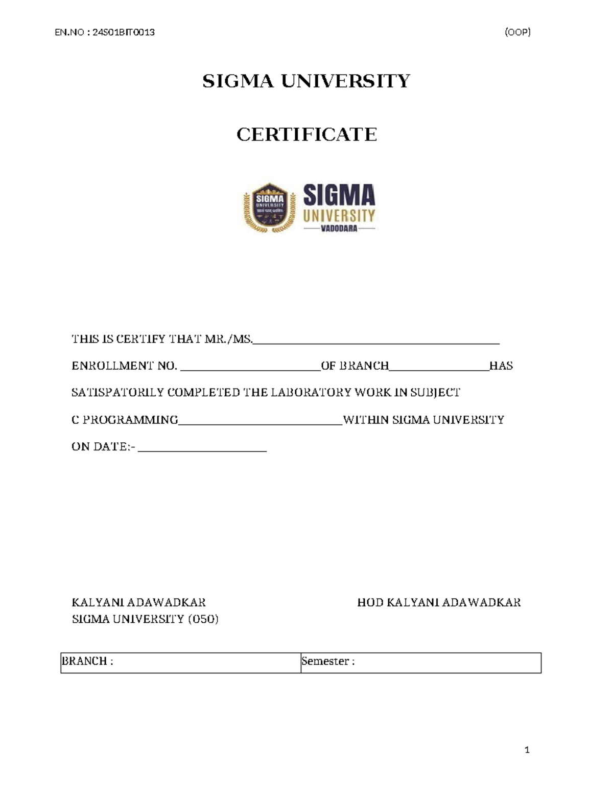 OOP Practical Lab Manual - EN.NO: 24S01BIT0013 (Sigma University) - Studocu