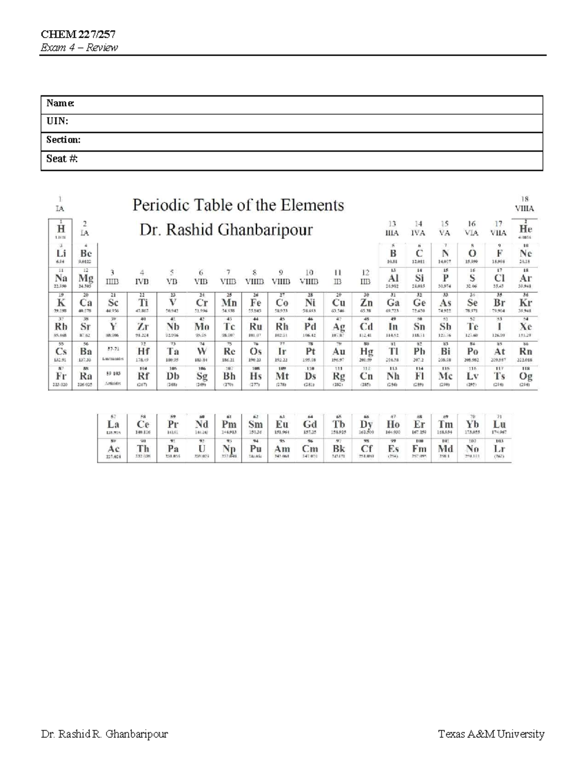 CHEM 227/257 Exam 4 Review Document by Dr. Rashid R. Ghanbaripour ...