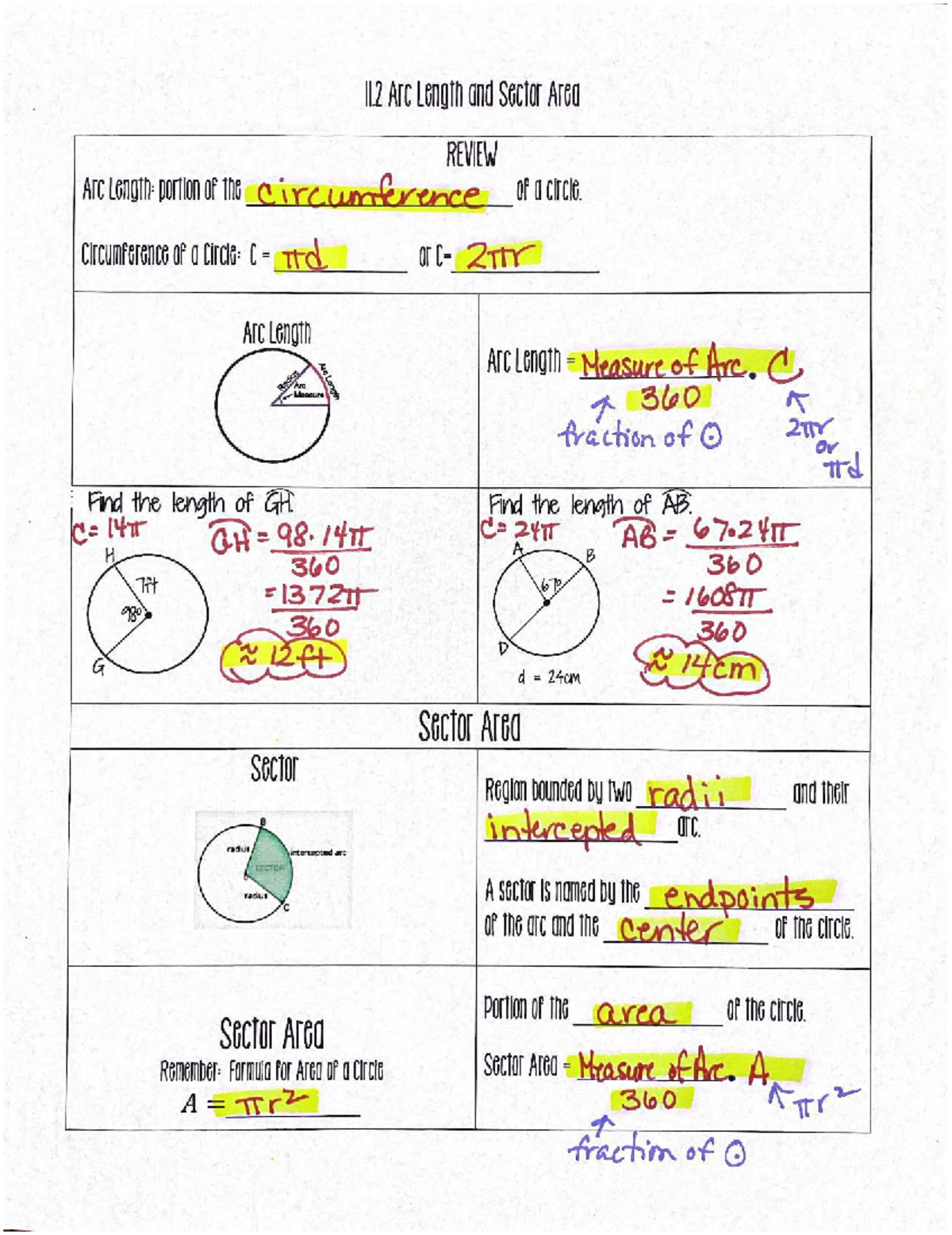 11.2 Arc Length & Sector Area Review for Geometry Tests & EOC - Studocu