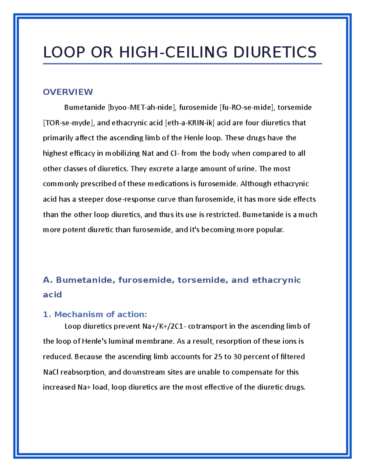 Overview of Loop (High-Ceiling) Diuretics: Mechanism and Actions - Studocu
