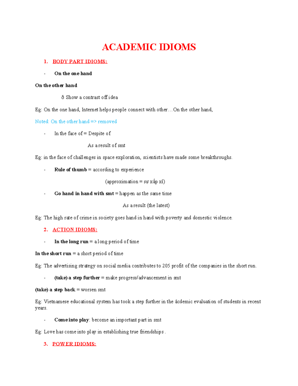 Academic Idioms: Body Part, Action, Power, Line, and Gold Idioms - Studocu