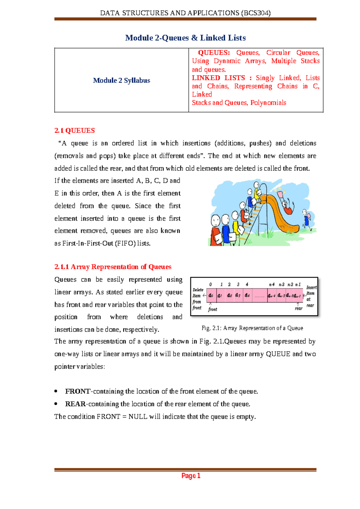 DATA STRUCTURES AND APPLICATIONS (BCS304) Module on Queues & Linked Lists - Studocu
