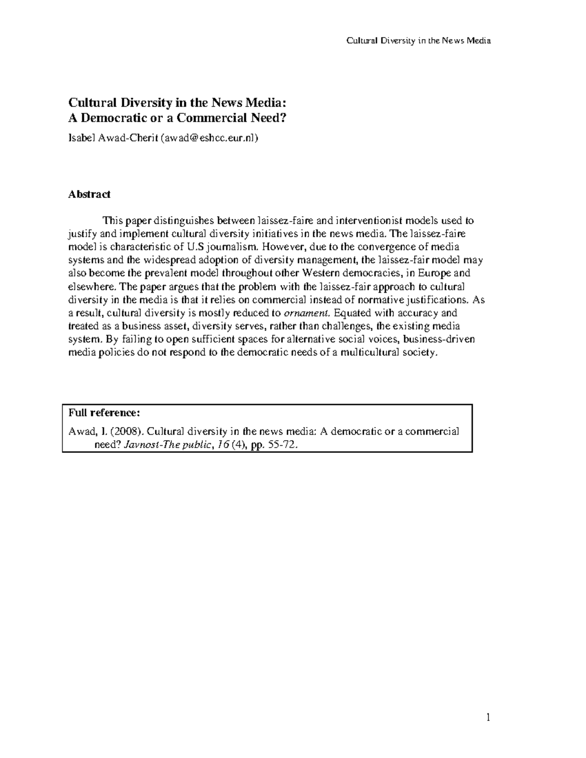 Cultural Diversity in News Media: A Democratic or Commercial Need? (JAV ...