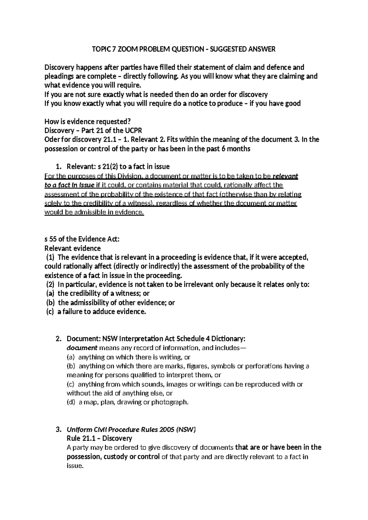 Topic 7: Zoom Problem Question Suggested Answers (UCPR) - Studocu