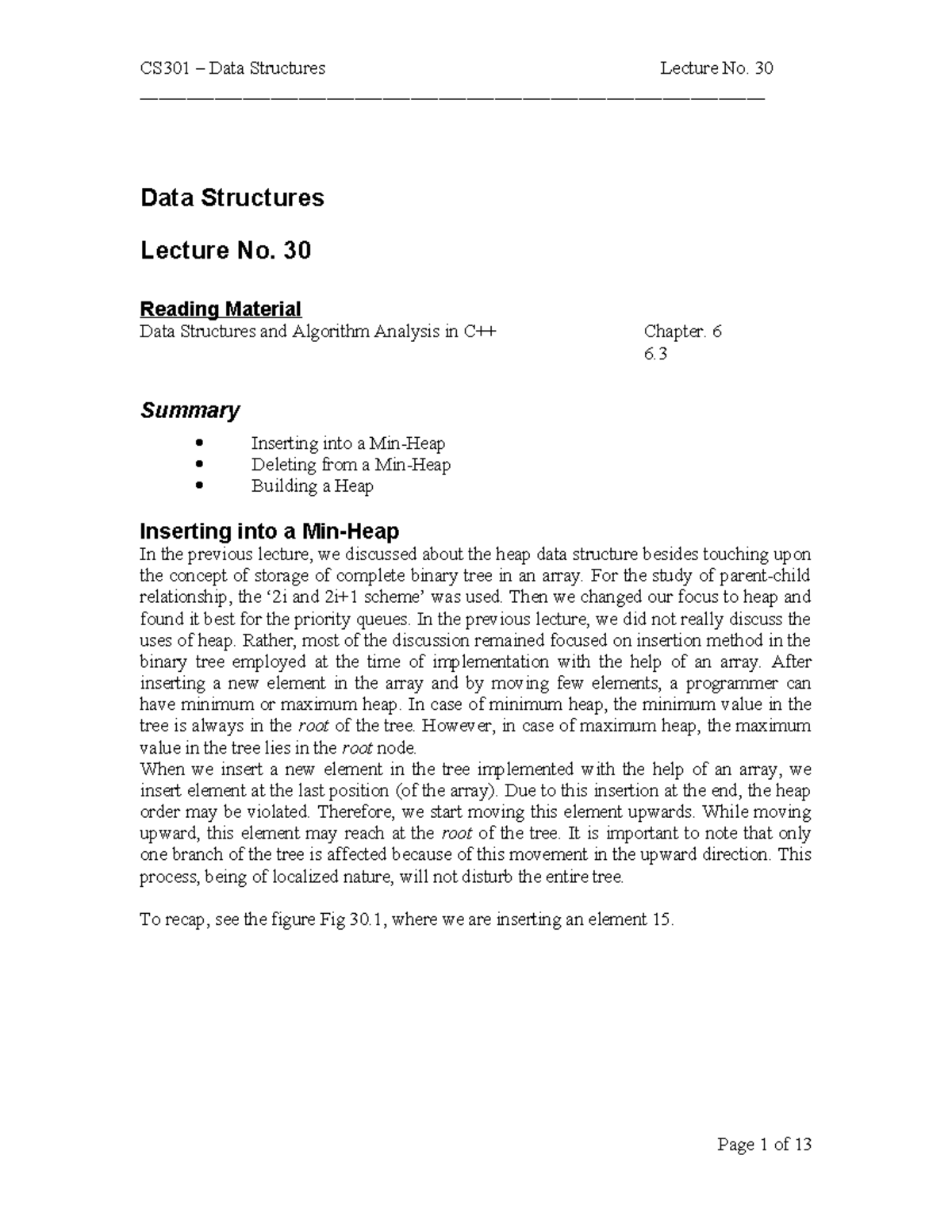 CS301 Data Structures Lecture 30: Insertion, Deletion, and Heap Building - Studocu