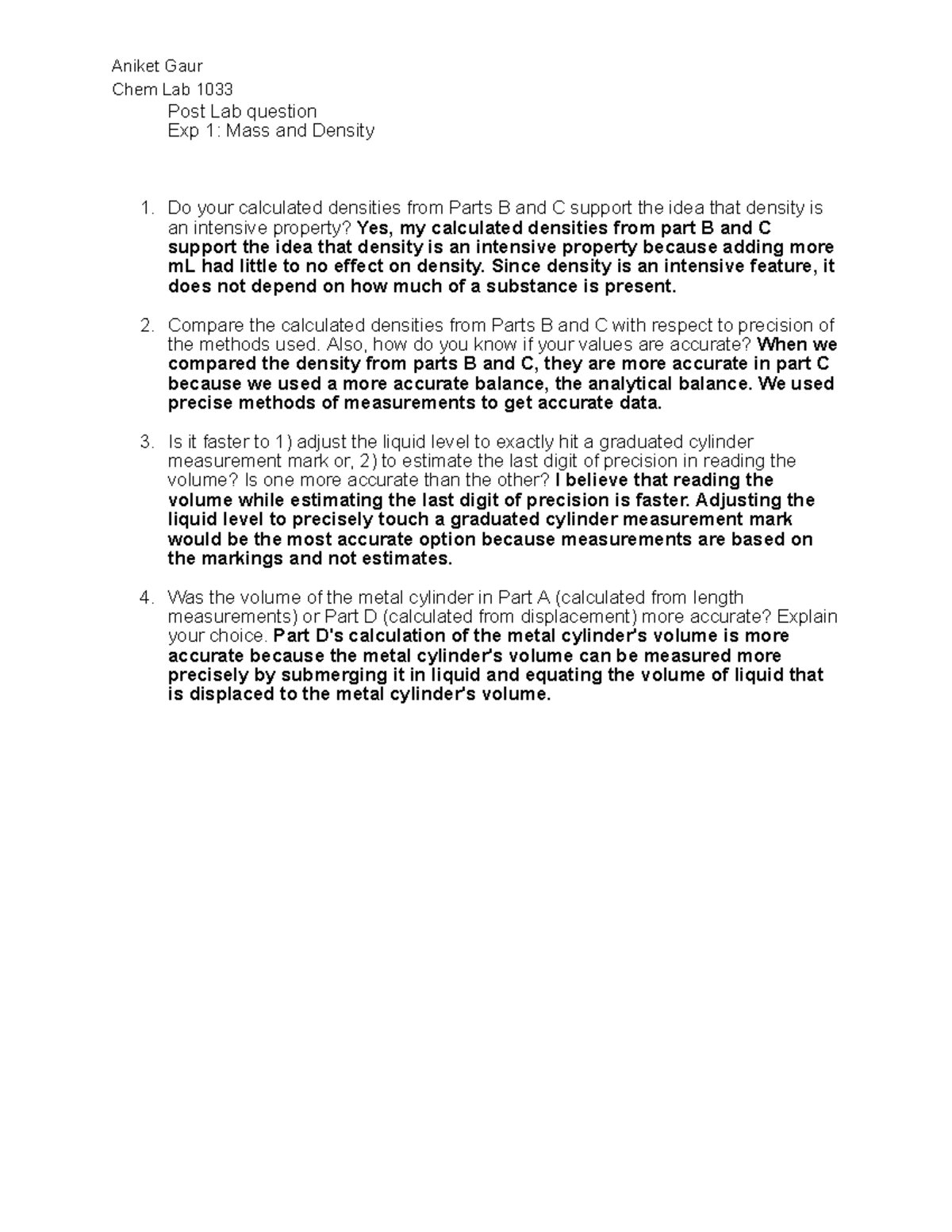 Post Lab Questions for Chem Lab 1033: Exp 1 on Mass and Density - Studocu