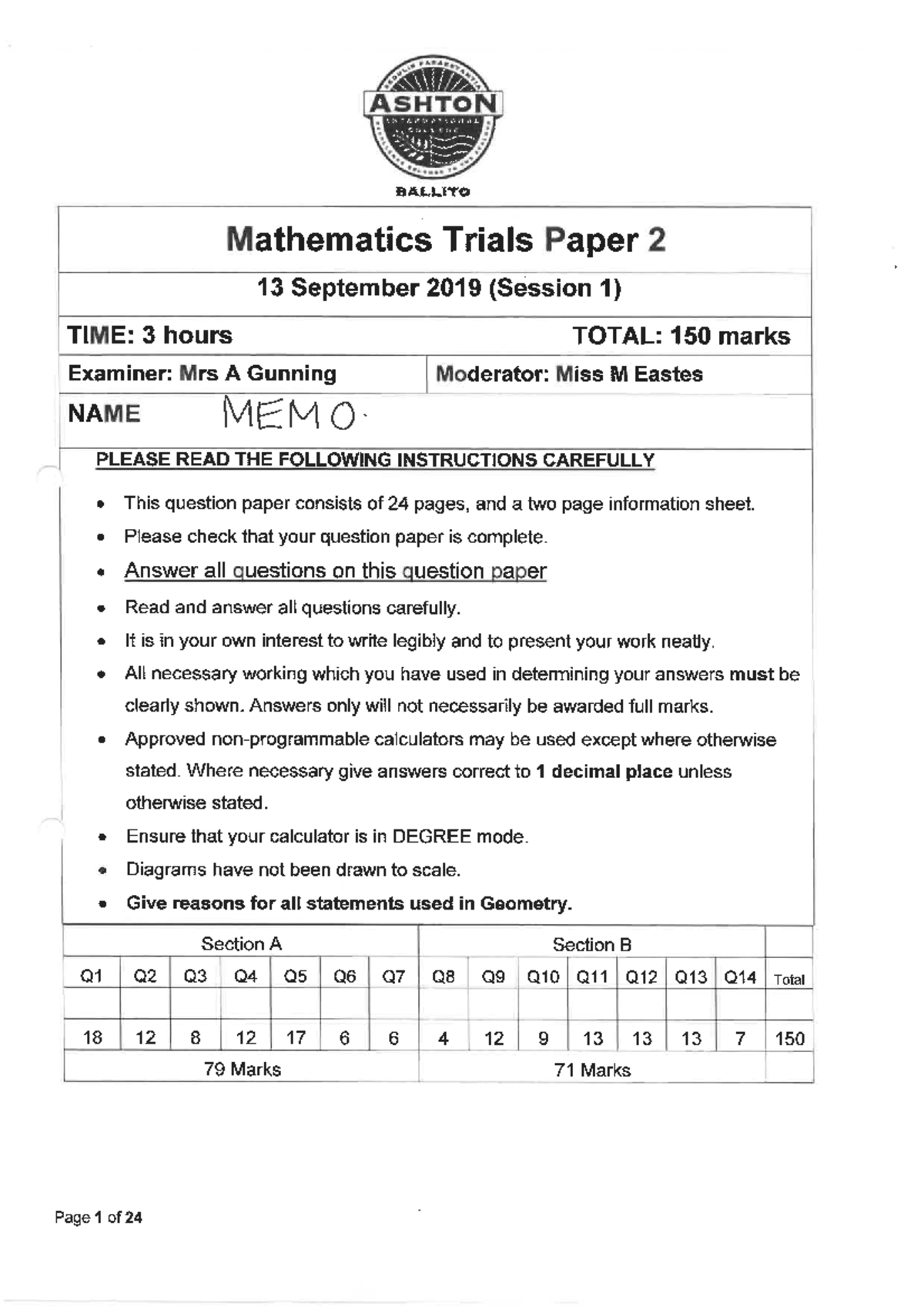 2019 Grade 12 Mathematics Trials Exam Paper 2 Memo Analysis - Studocu