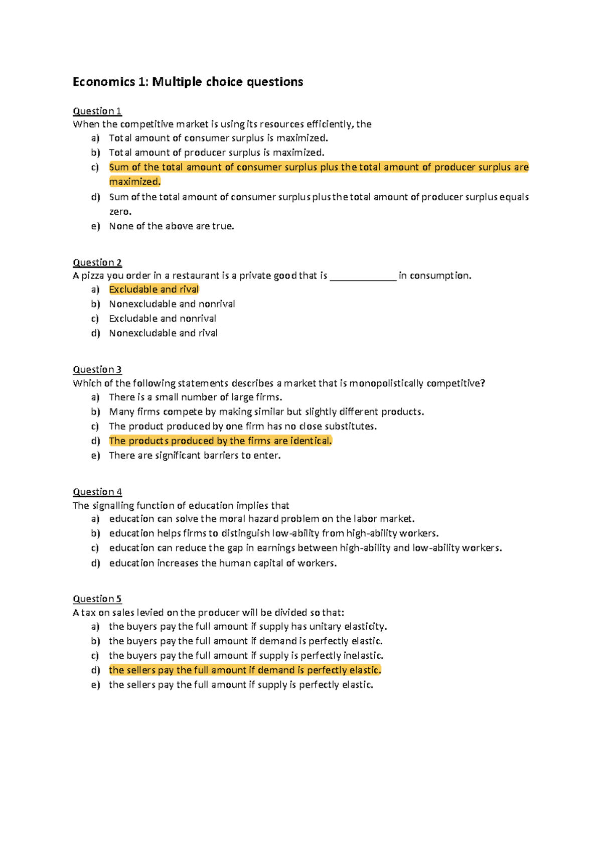 Economics 1 multiple choice questions - Economics 1: Multiple choice ...