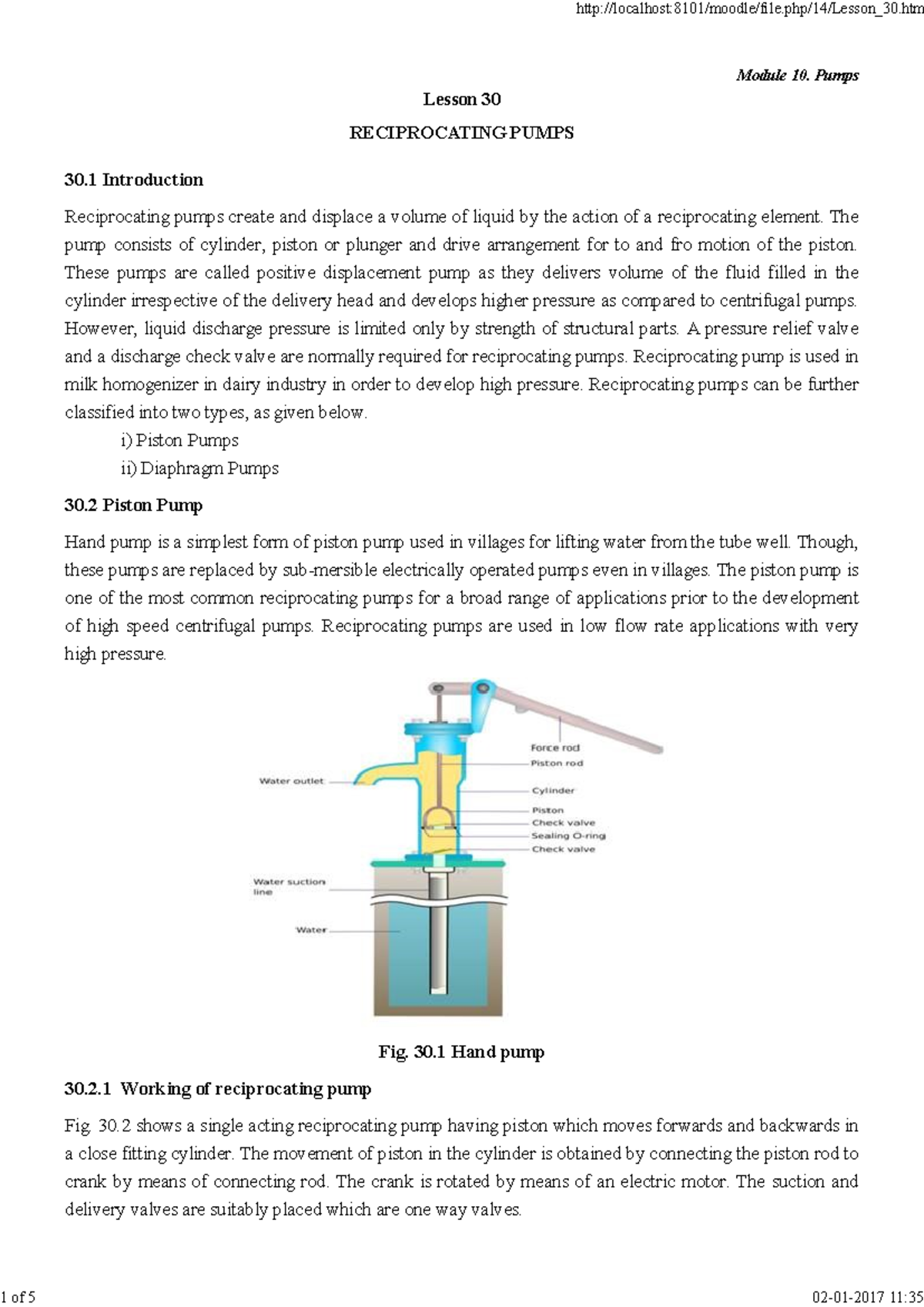 Module 10: Lesson 30 - Reciprocating Pumps Overview - Studocu