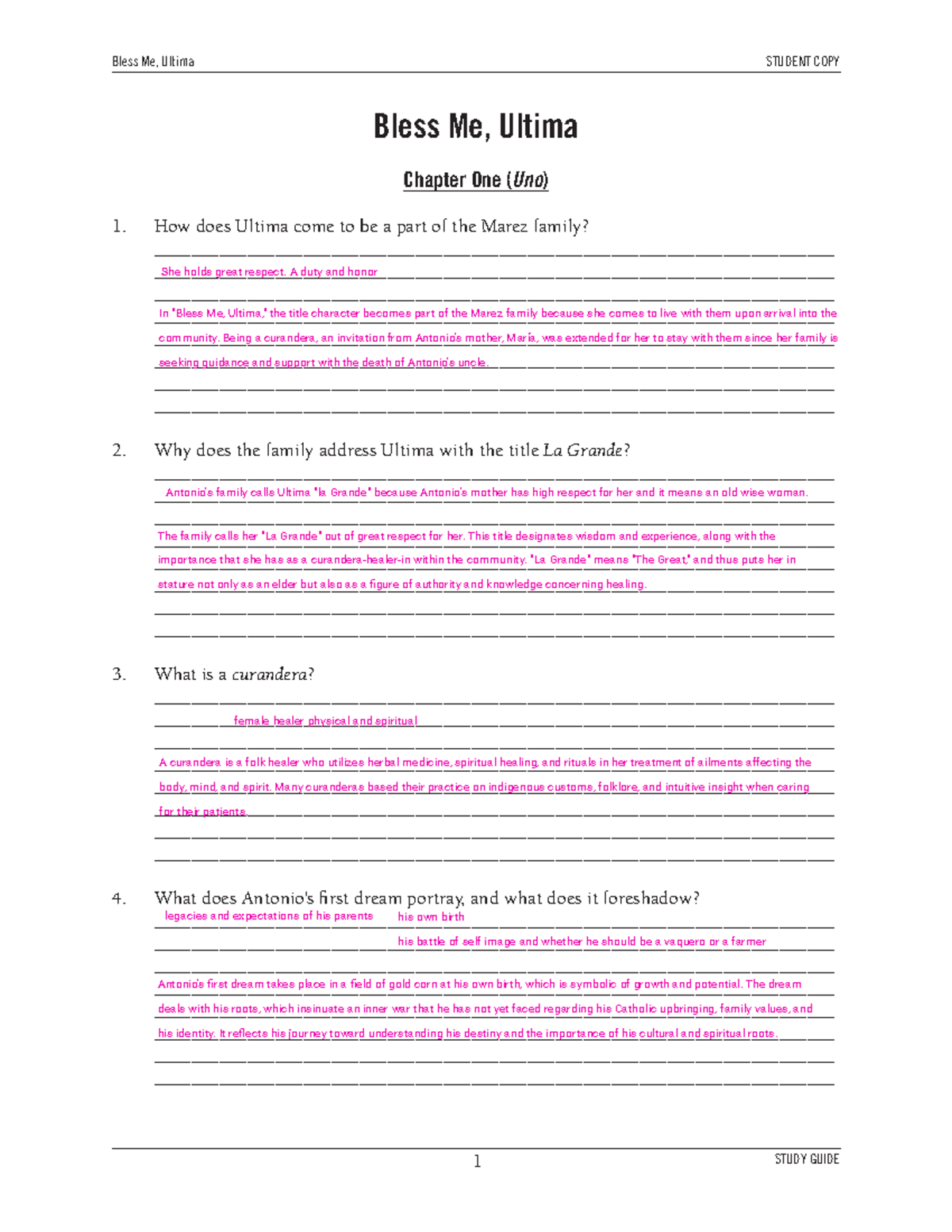 Bless Me, Ultima Ch.1-7 - AP Study Guide - STUDY GUIDE Bless Me, Ultima ...