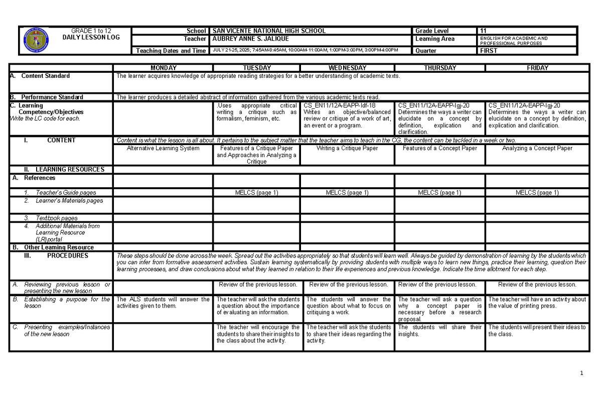 Grade 11 Daily Lesson Log (DLL) for English: 6th Week Overview - Studocu