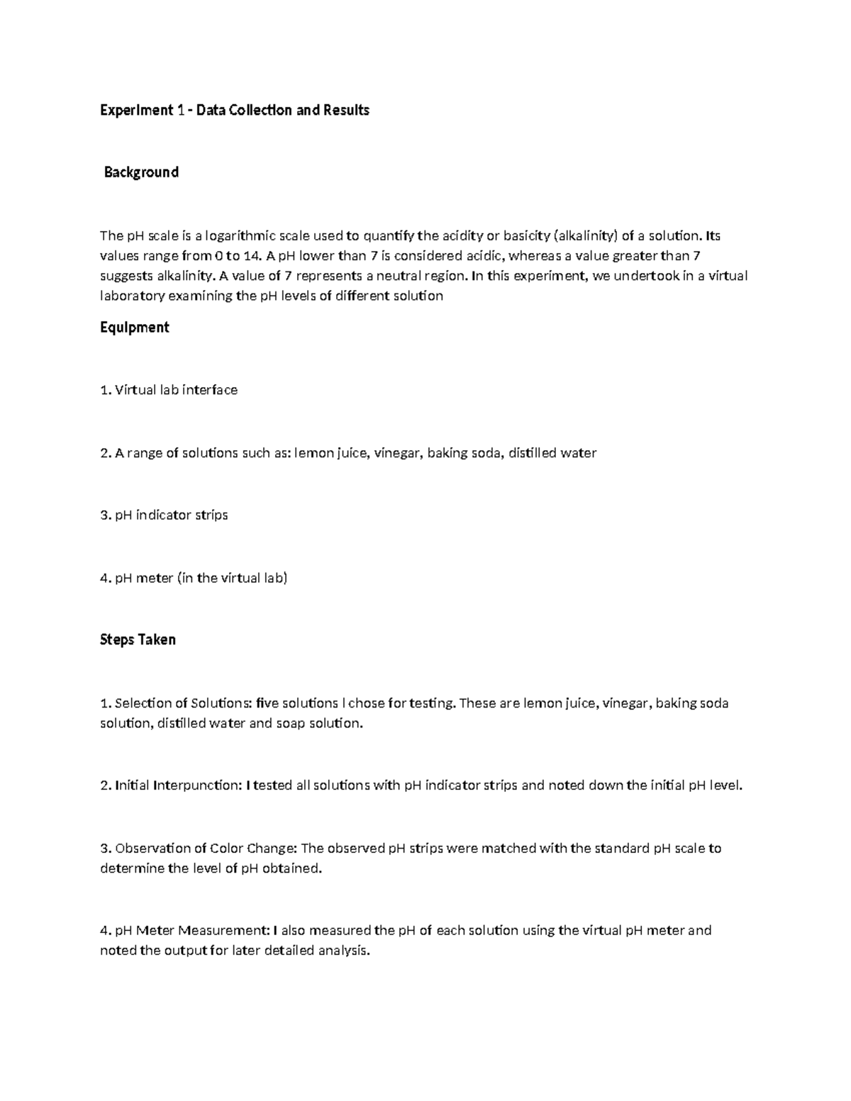 Experiment 1 - Virtual lab assignment unit 1 - Experiment 1 - Data ...