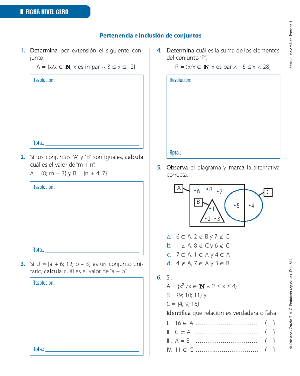 F0 Pertenencia e inclusión de conjuntos - FICHA NIVEL CERO Fichas - Matemática Primaria 5 ...
