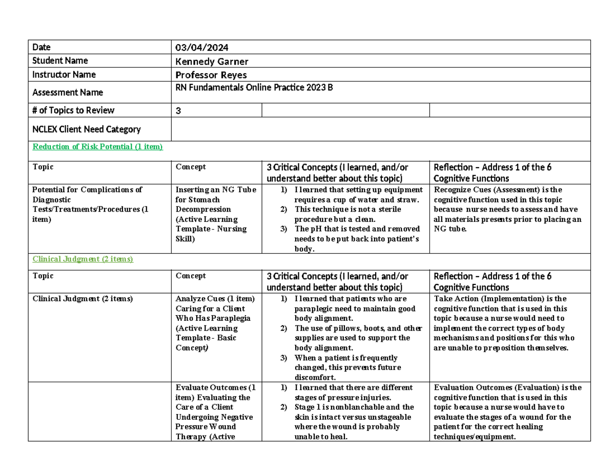 RN Fundamentals Online Practice 2023 B: Remediation Worksheet - Studocu