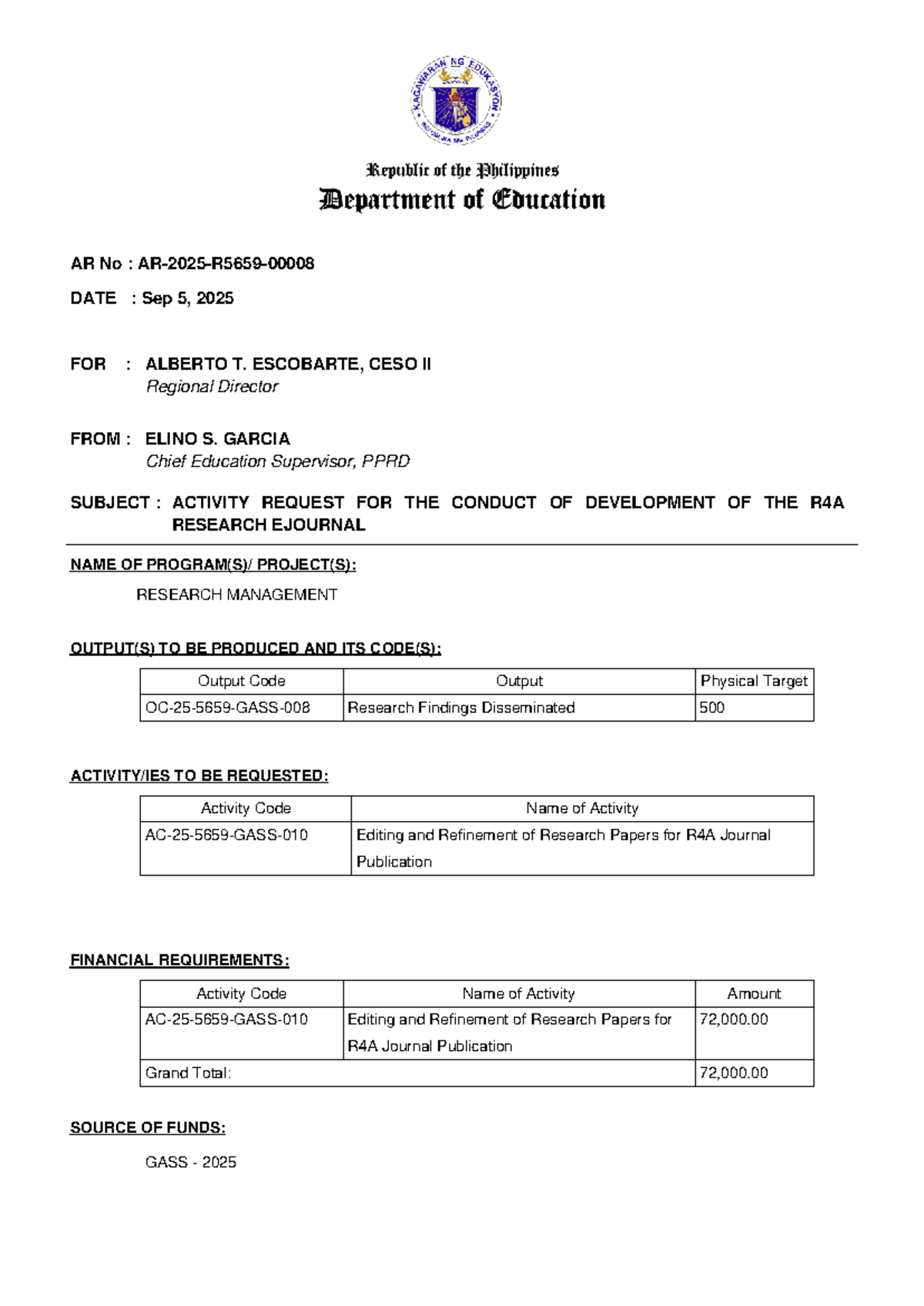 AR Journal Activity Request for R4A Research Management - Studocu