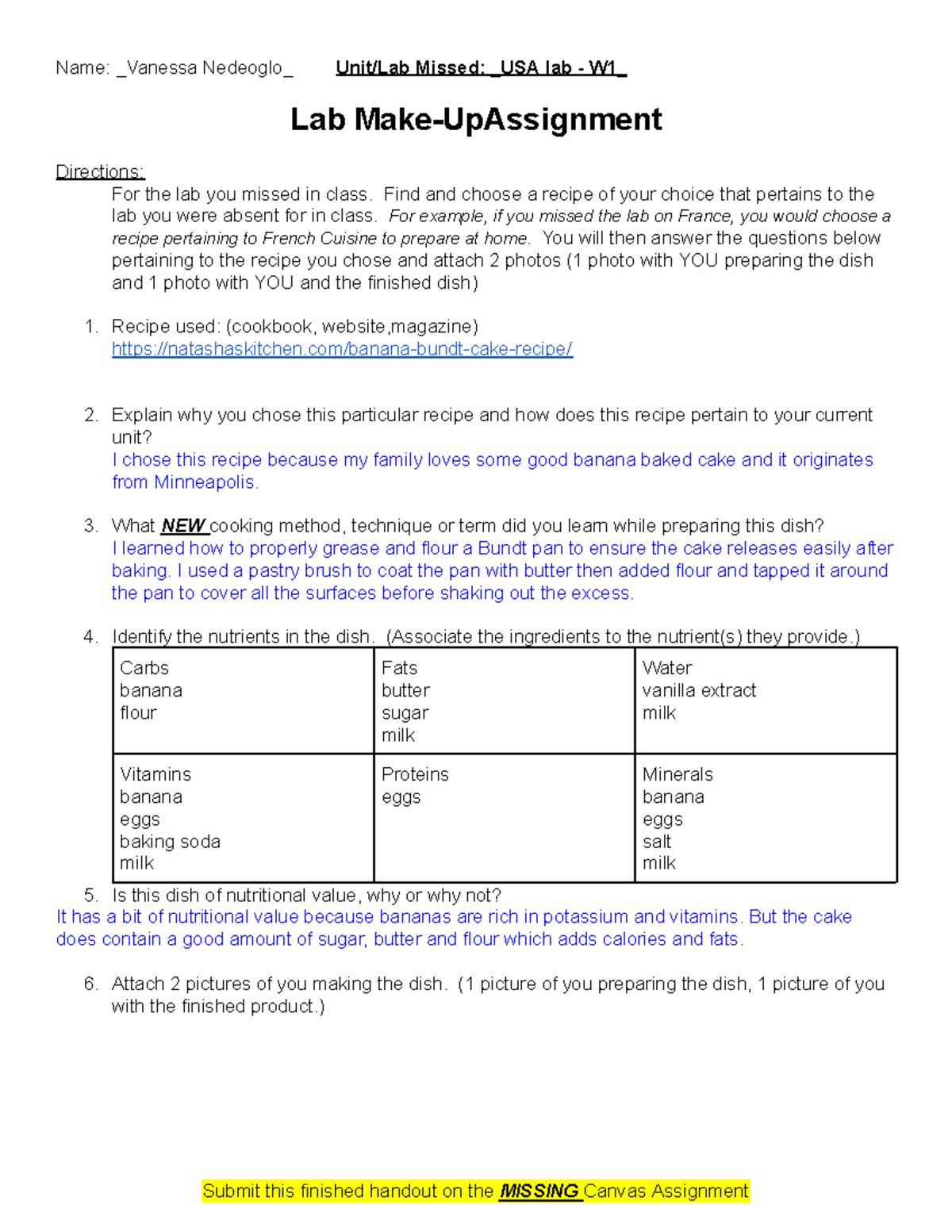 Lab Make-Up Assignment - USA Lab - Recipe and Nutritional Analysis ...