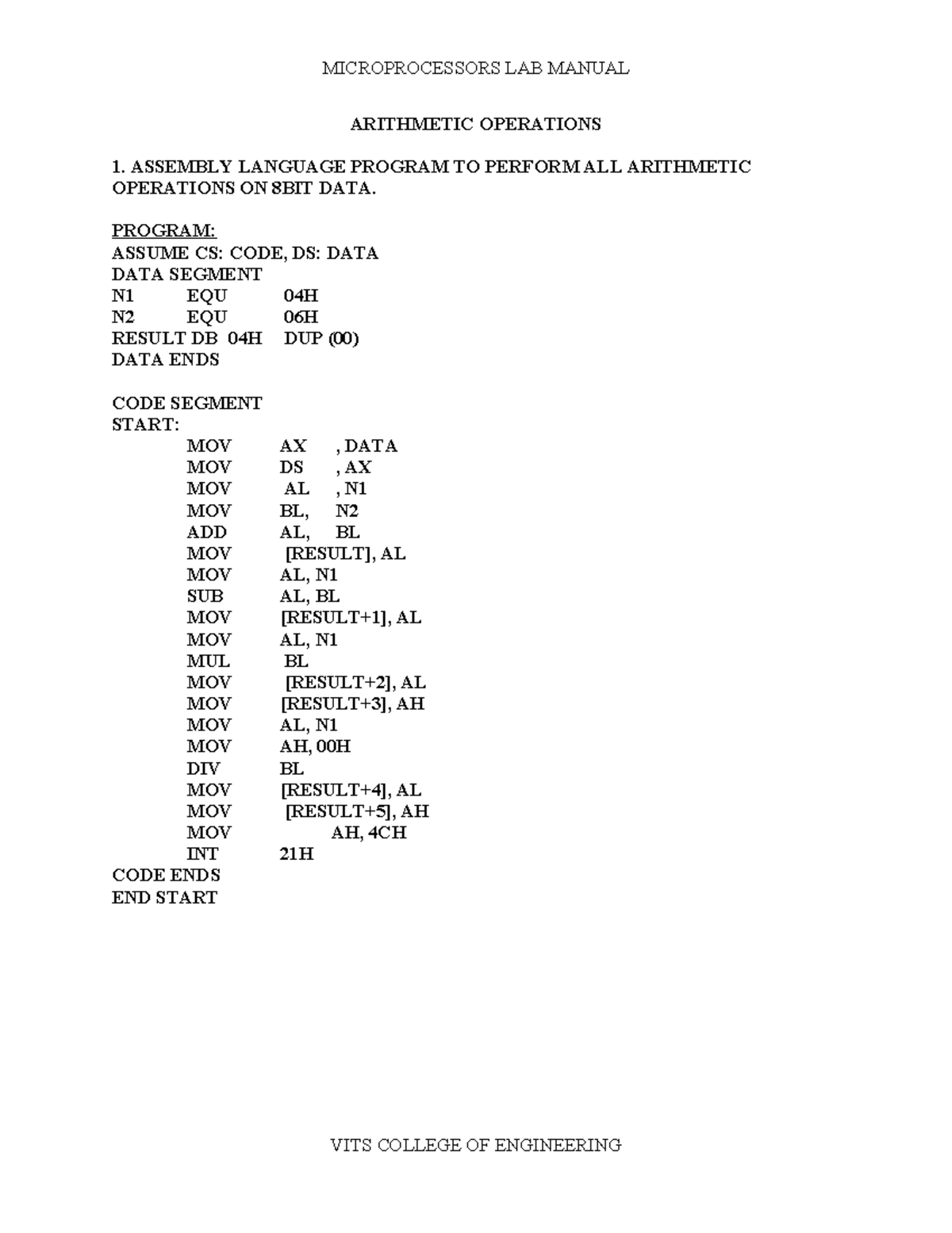 Microprocessors Lab Manual: Assembly Language Arithmetic Ops - Studocu