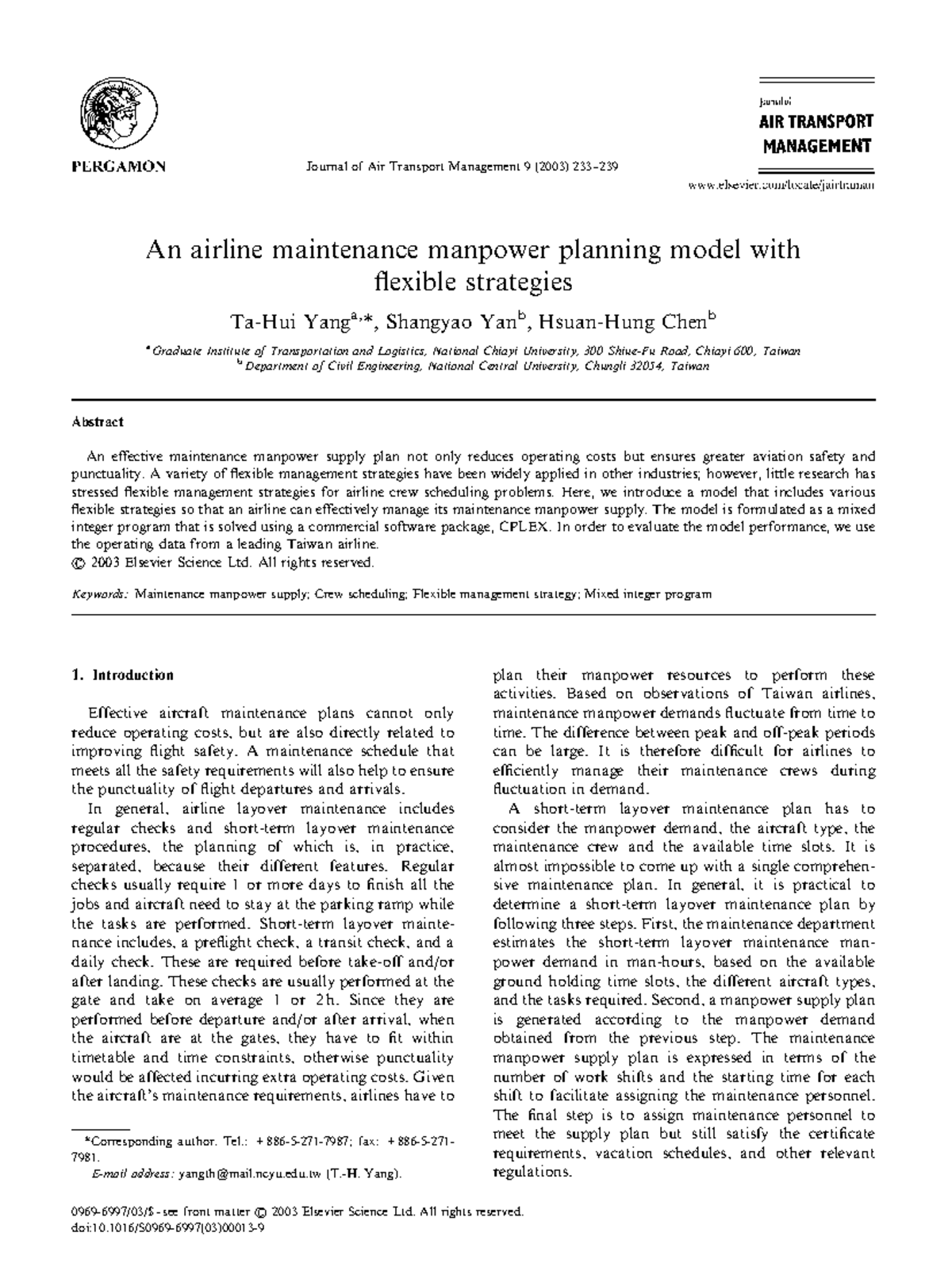 Airline Maintenance Manpower Planning Model: Flexible Strategies - Studocu