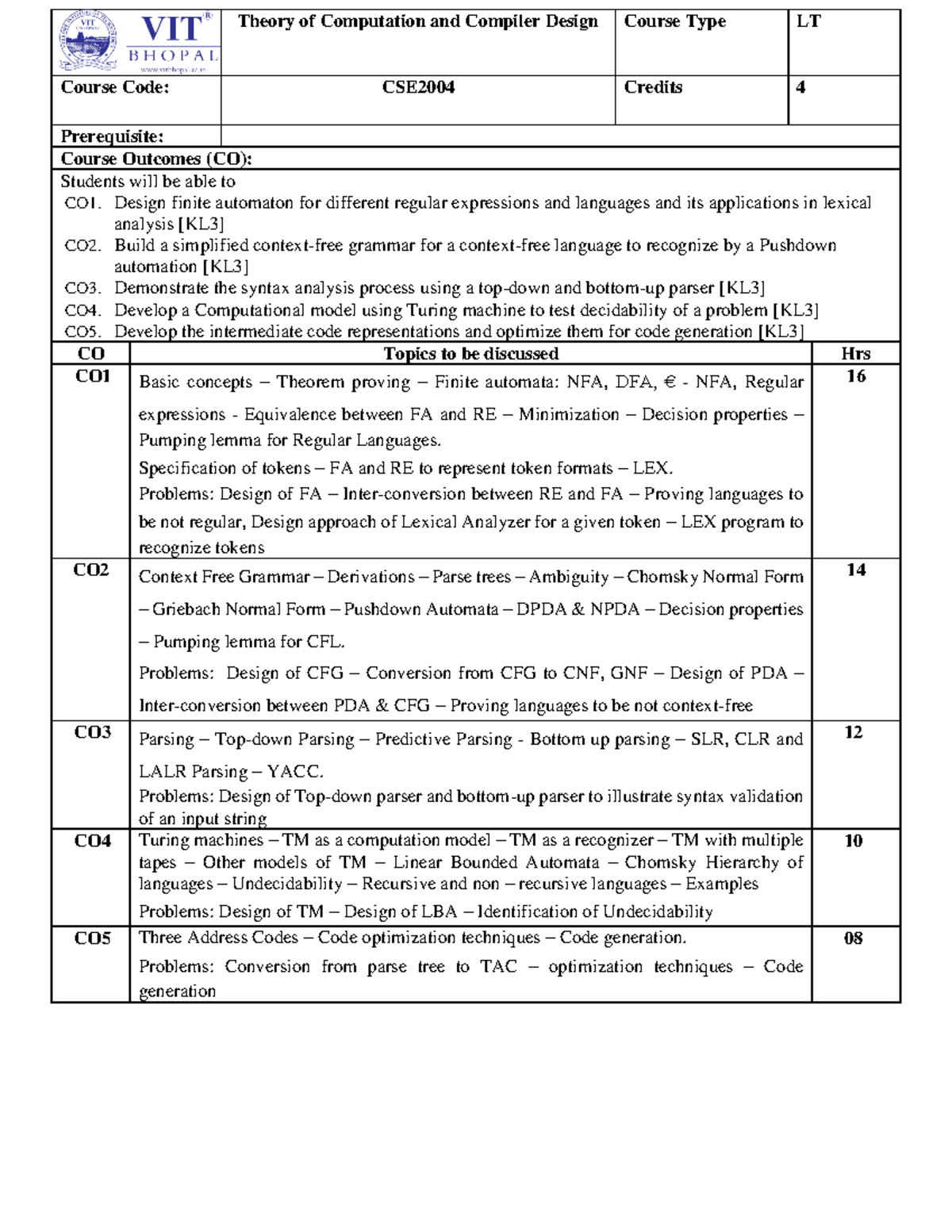 CSE2004 Theory of Computation & Compiler Design Lecture 1 Notes - Studocu