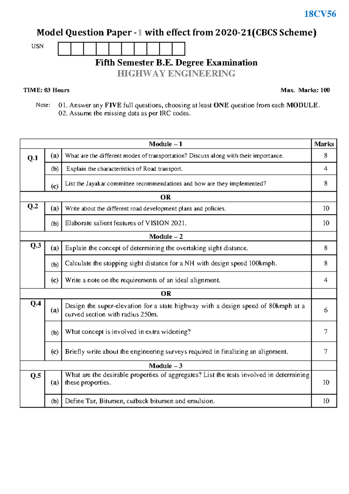 18CV56 - Highway Engineering Model Question Paper 1 (2020-21) - Studocu