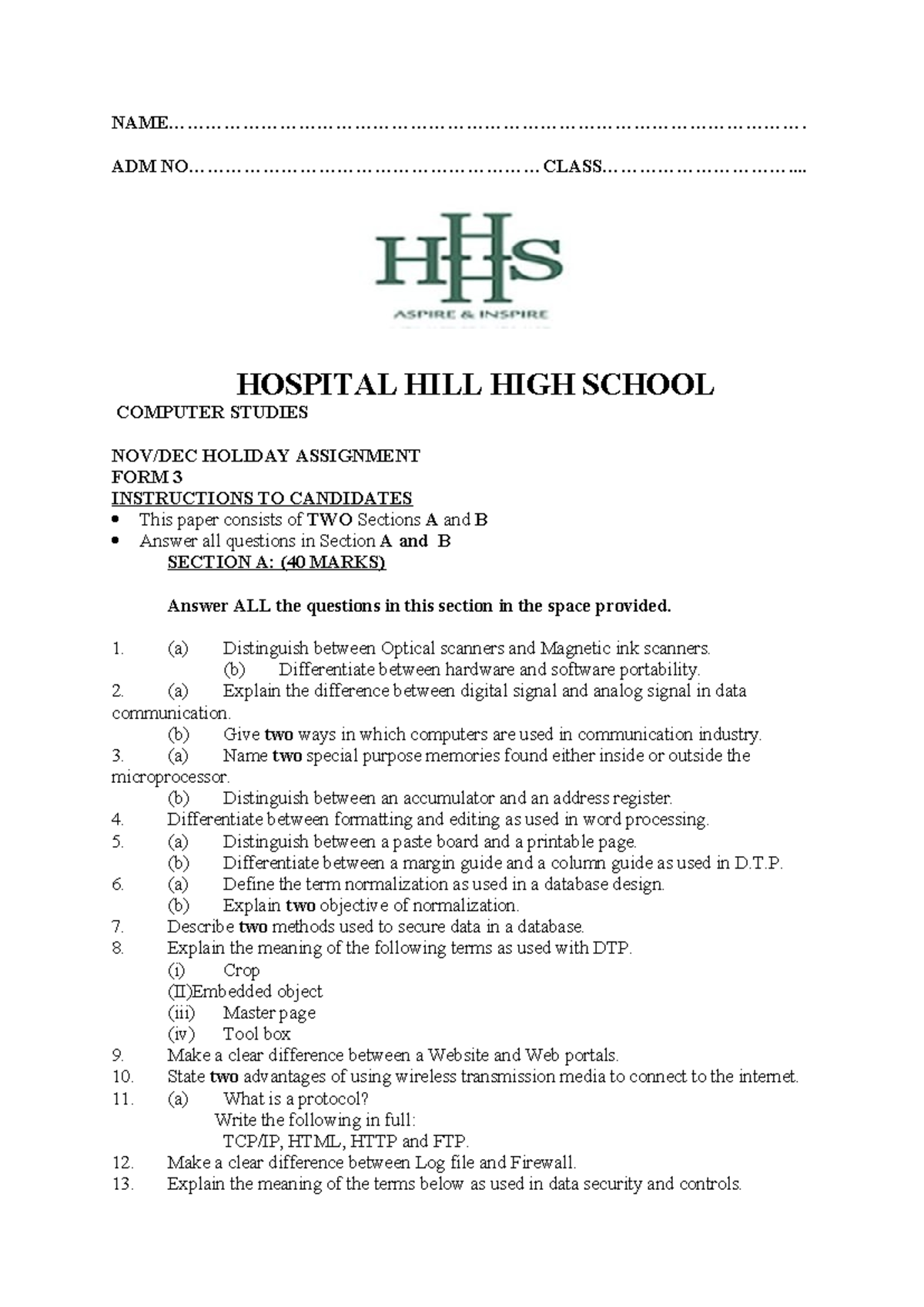 ADM HOSPITAL HILL HIGH SCHOOL COMPUTER STUDIES FORM 3 HOLIDAY ...