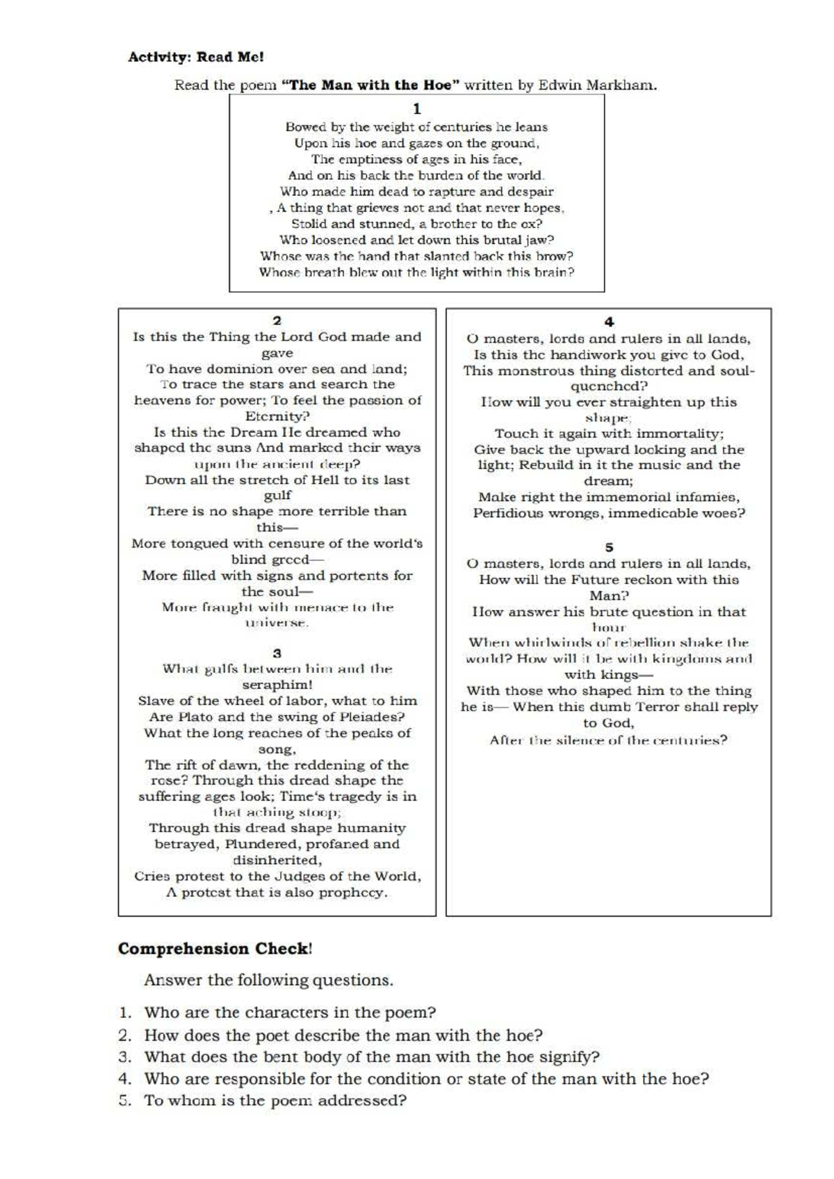 Quarter 2: The Man with a Hoe - Poem Analysis and Comprehension - Studocu