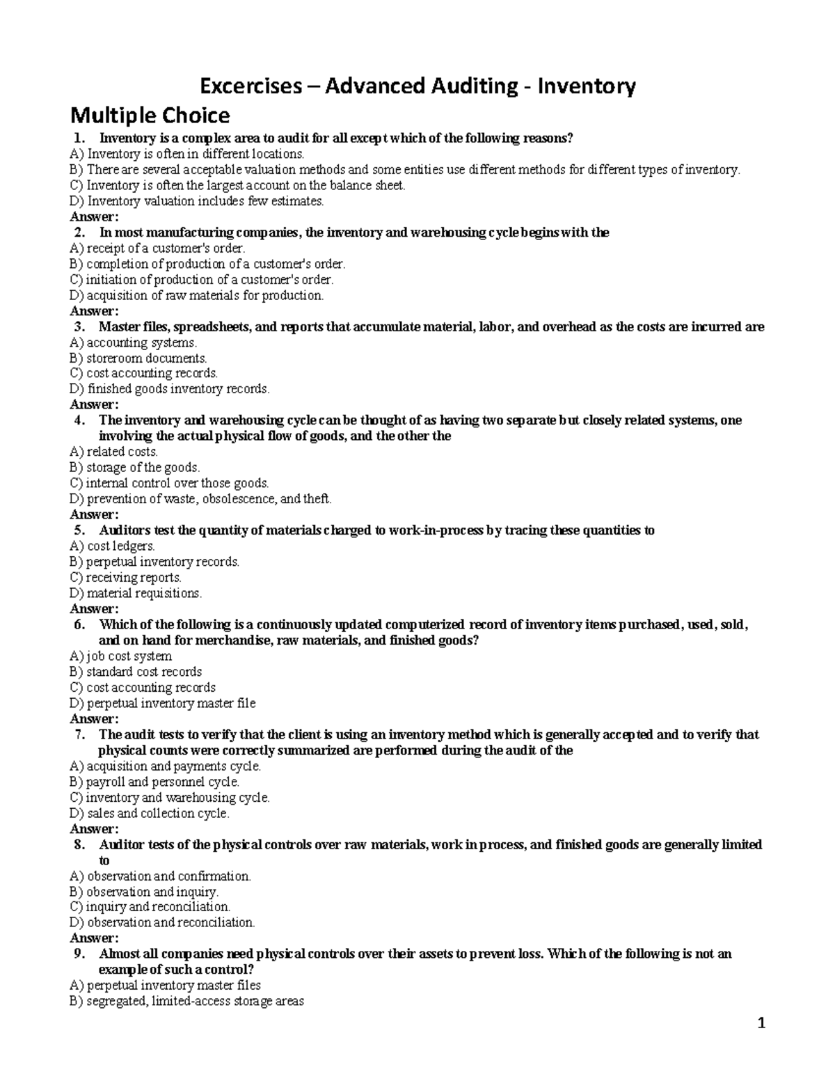 Advanced Auditing (Course Code: 2.1) - Inventory MCQ Exercises - Studocu