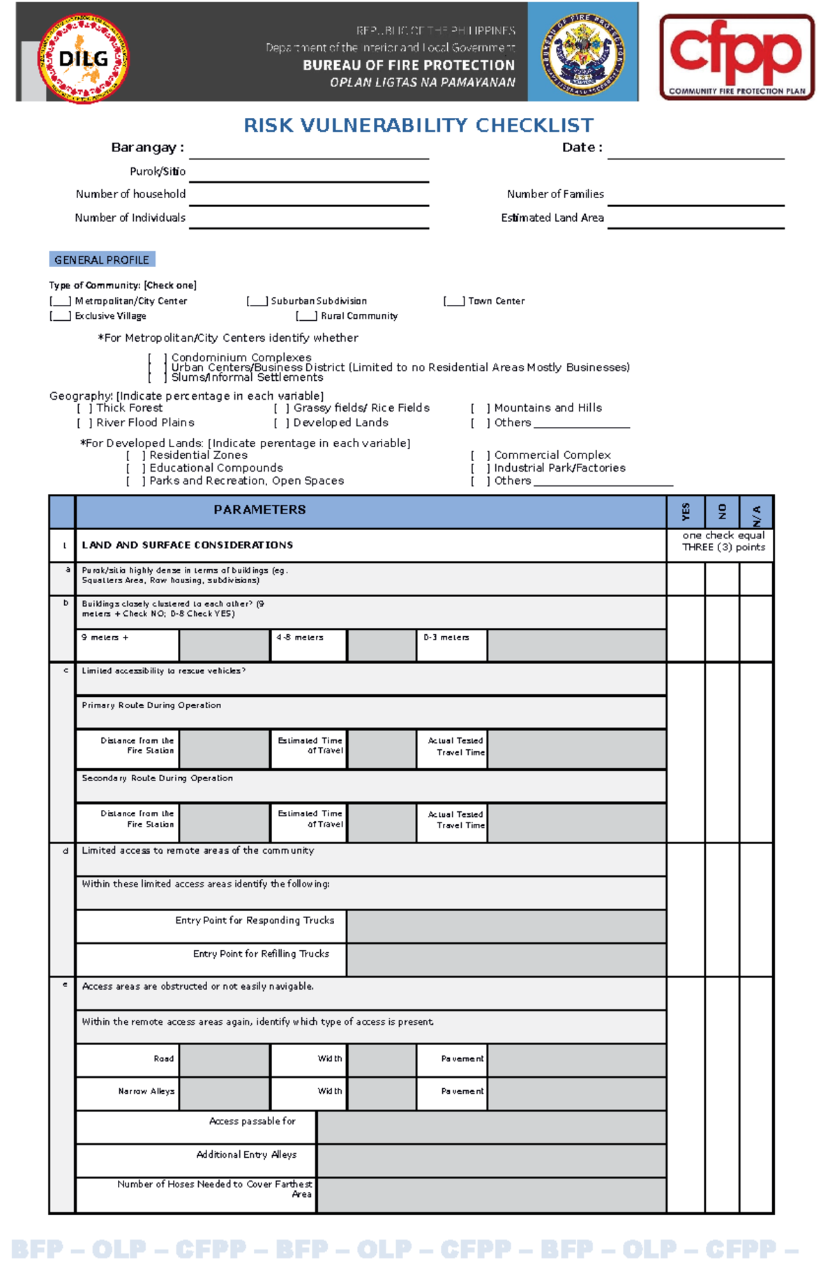 Risk Vulnerability Assessment Checklist for BFP - OLP - CFPP - Studocu