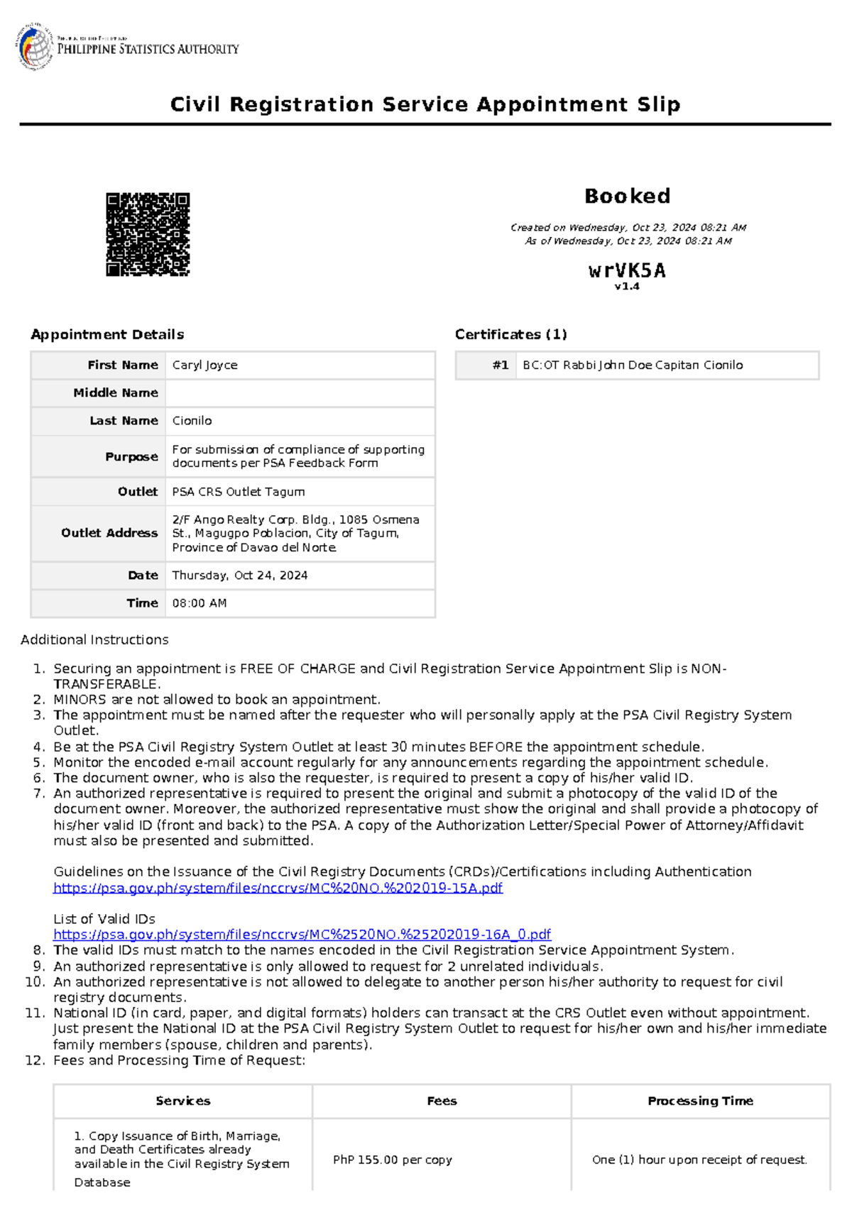 Document 2 - Civil Registration Service Appointment Slip Booked Created ...