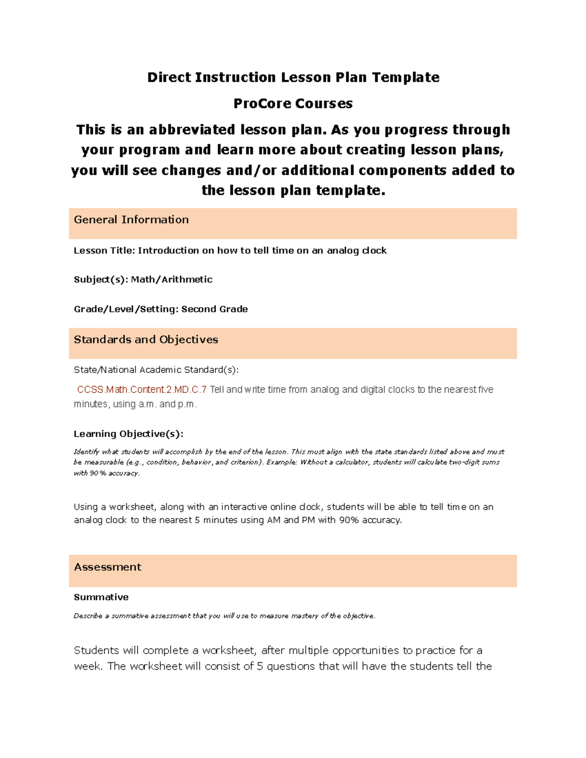 Direct Instruction Lesson Plan: Telling Time (2nd Grade) - Studocu