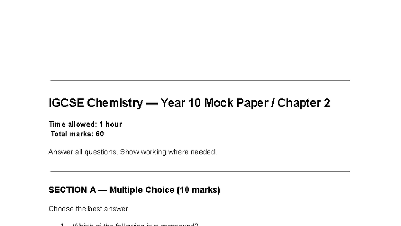 IGCSE Chemistry Year 10 Mock Paper: Chapter 2 Review - Studocu