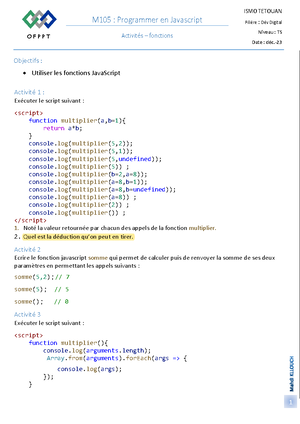 M105 JS TP05 - tp js - O F P P T M 105 : Programmer en Javascript Filière : Dév Digital Niveau ...
