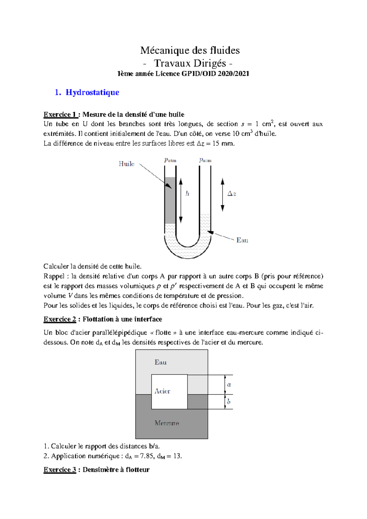 TD Mécanique des Fluides - Exercice et Applications en Licence GPID/OID - Studocu