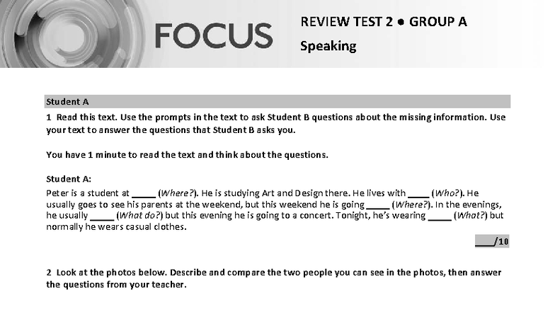 Focus 1 2E Review Test 2 Units 1-4 Speaking Group A - Studocu