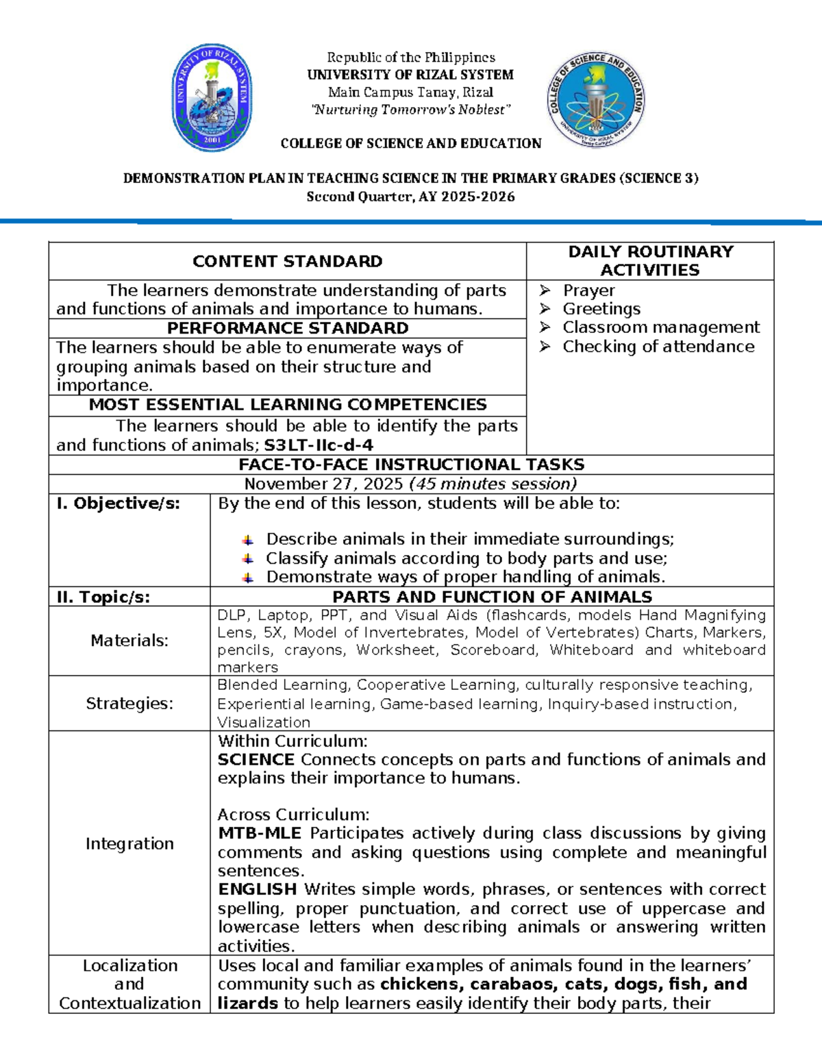 Demonstration Plan for Teaching Science in Primary Grades (SCI 3) - Studocu