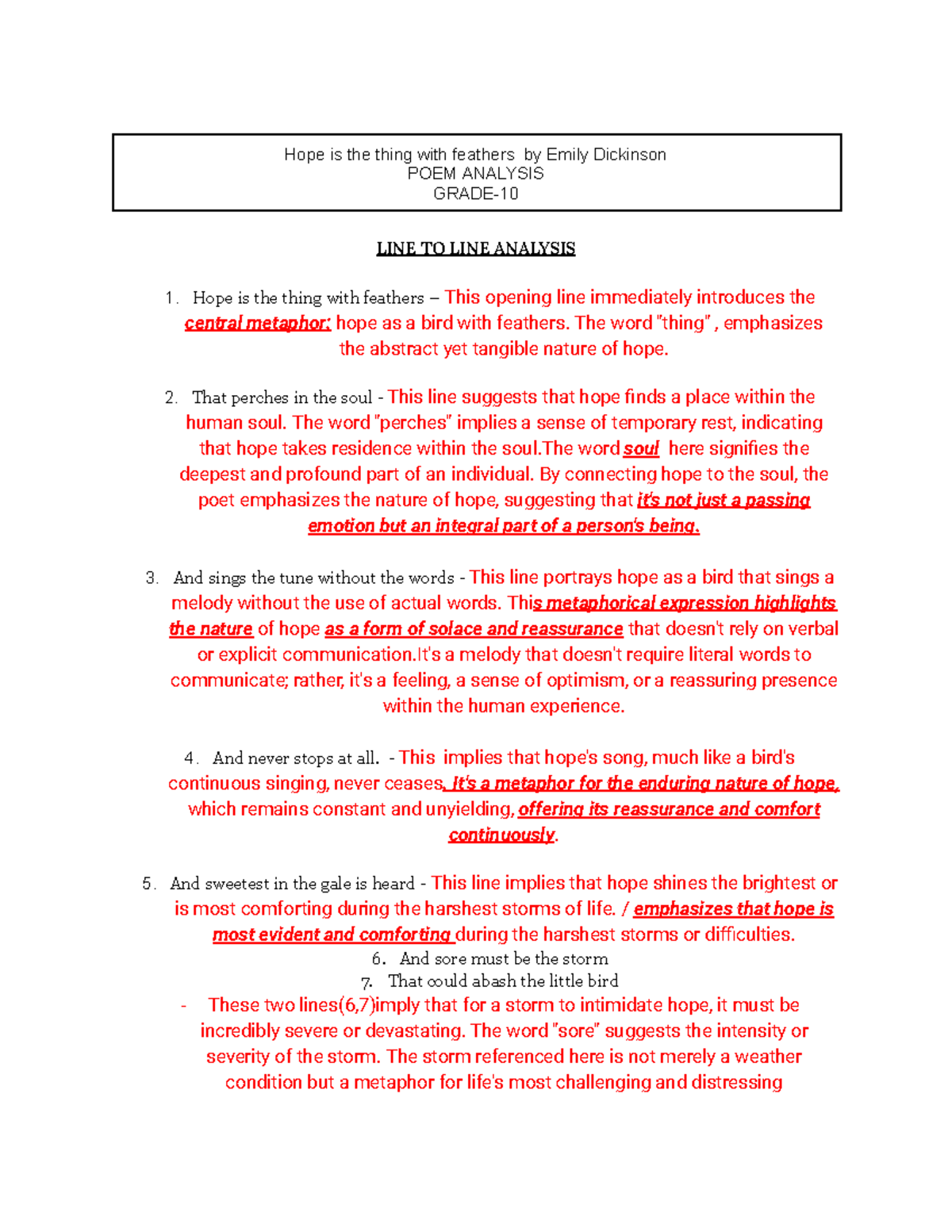 Grade 10 Poem Analysis: "Hope is the Thing With Feathers" - Studocu