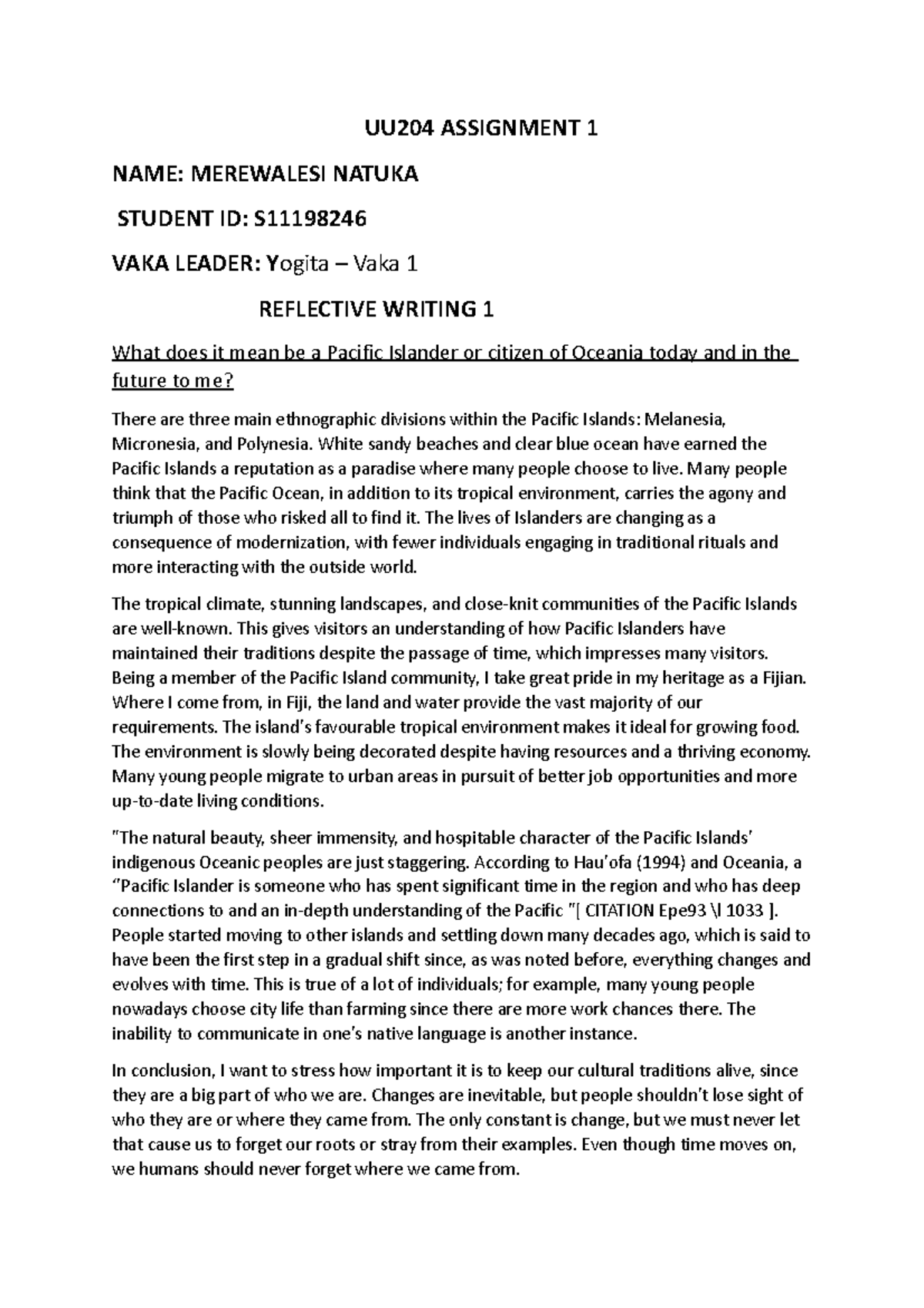 UU204 Assignment 1: Reflective Writing on Being a Pacific Islander ...