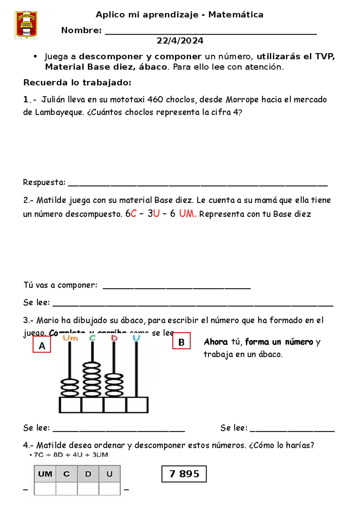 Práctica - Matemática - Practica de matemáticas - Aplico mi aprendizaje ...