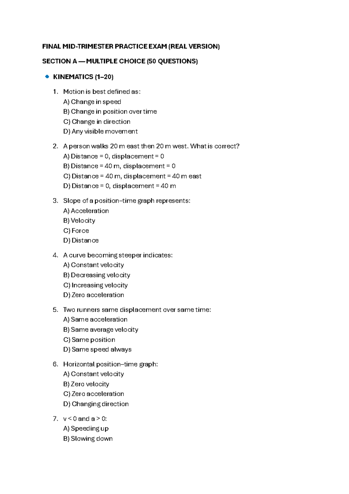 FINAL PRACTICE EXAM (AHS 2011) - KINEMATICS MULTIPLE CHOICE & SHORT ...