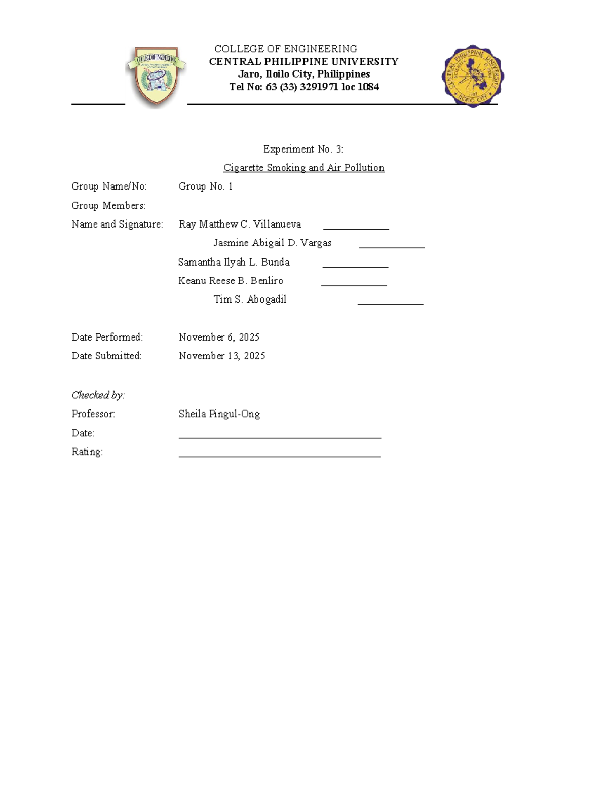 Experiment No. 3: Effects of Cigarette Smoking on Air Quality - Studocu